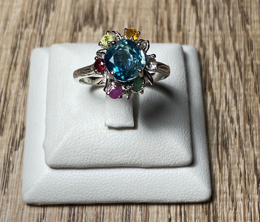 Blautopas + Fancy Gem Ring 🌸💎 Silber 925 vergoldet S268 (Neu und ...