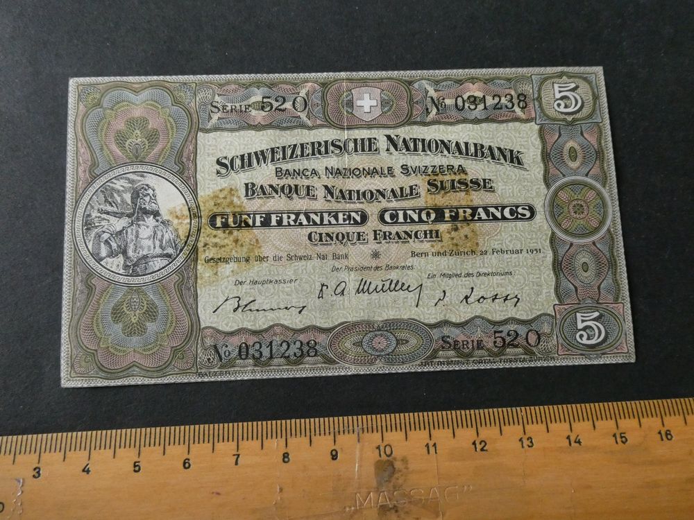 Schweiz 1951, 5 Franken - fleckig (Gebraucht) in Hinterforst für CHF 2 – mit Lieferung auf ...