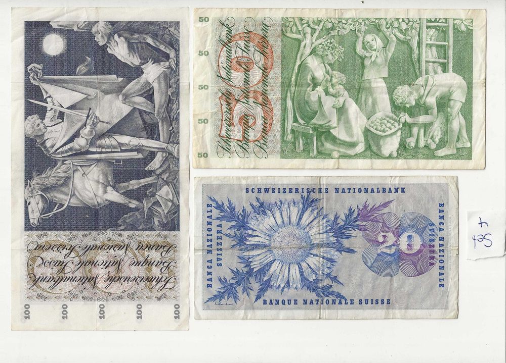 4 alte Schweizer Banknoten (Set 4)100 50 20 10 Franken Noten (D ...