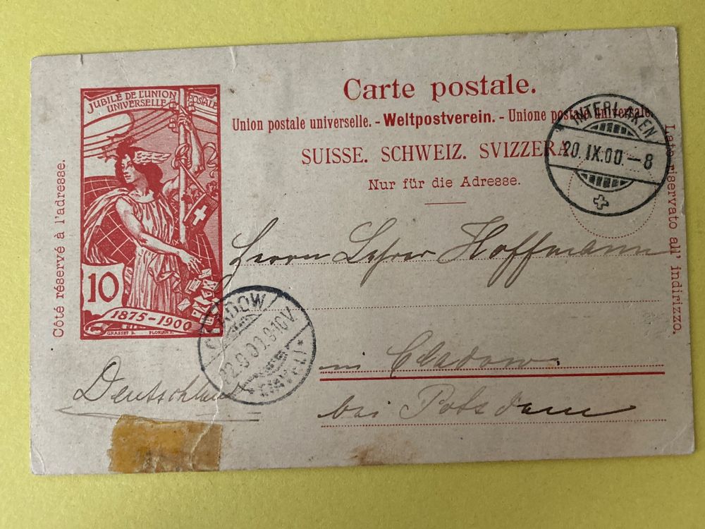 SCHWEIZ - DEUTSCHLAND CARTE POSTALE UPU 1900 INTERLAKEN (Gebraucht) in Erlach für CHF 1 – mit ...