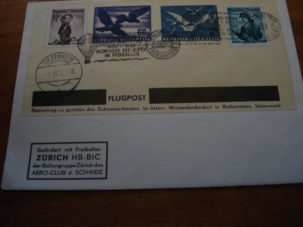Österreich Ballonpostbrief In Memoriam Spelterini, 1952, Vig (Gebraucht) in Niederwil AG für CHF ...