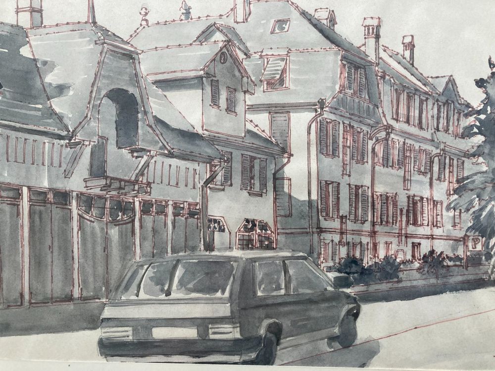 Aquarell Zeichnung Original sign. Herrli '86 Städtli Nidau | Kaufen auf Ricardo