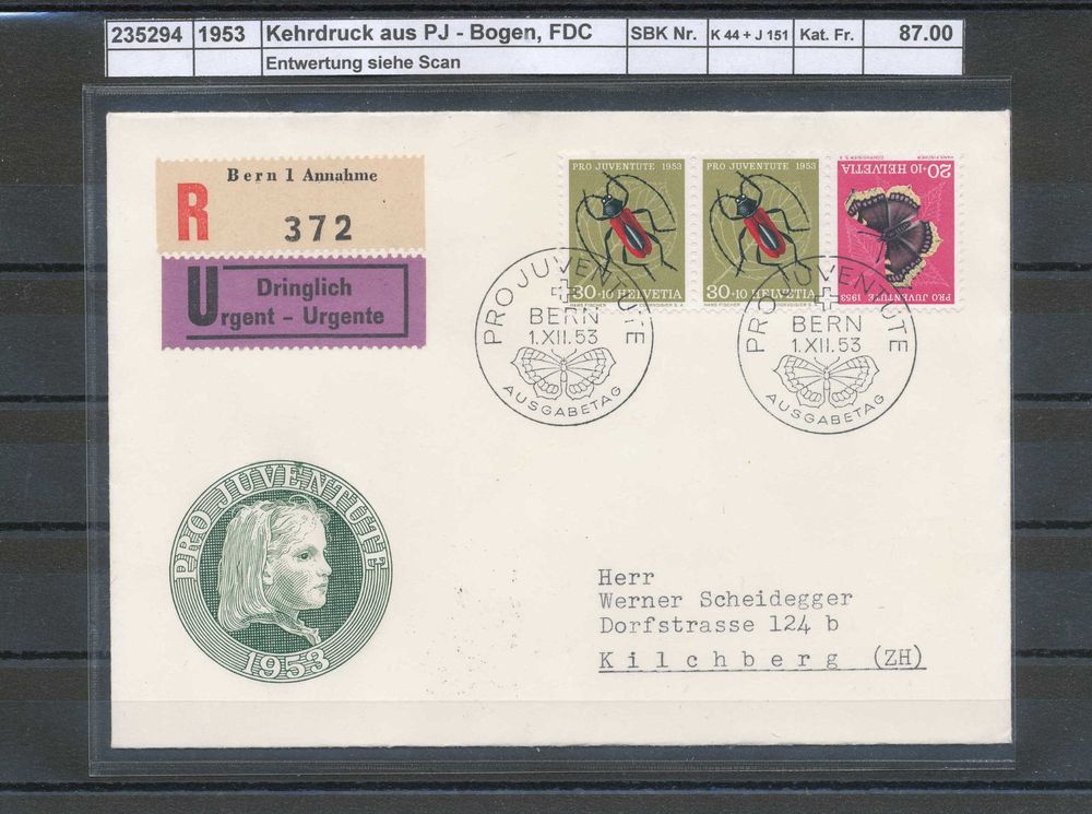 1953 Pro Juventute, Kehrdruck aus Kehrdruckbogen (Gebraucht) in Winterthur für CHF 22 – mit ...