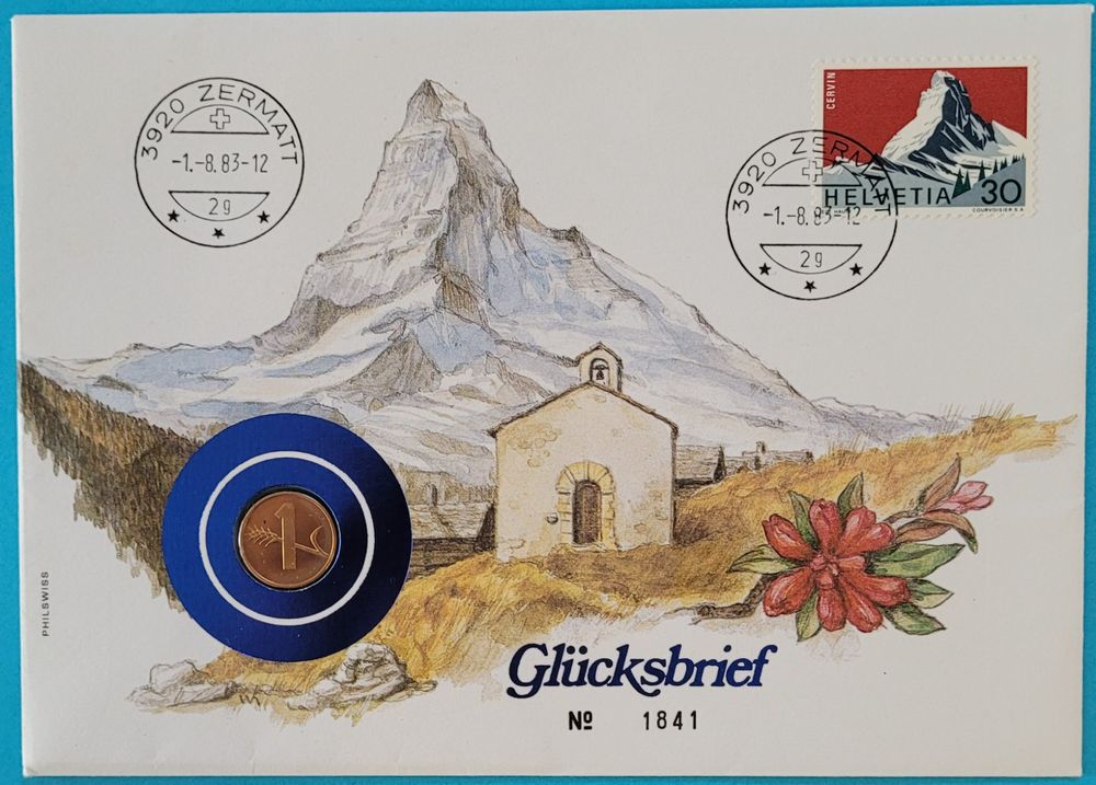 Münzbrief "GLÜCKSBRIEF" mit 1 Räppler 1982 Zermatt (Gebraucht) in Oberriet SG für CHF 2.5 – mit ...