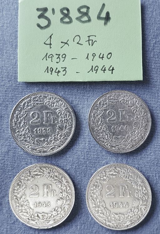 4 x 2 Fr Silbermünzen 1939-1940-1943-1944 ab nur1 Franken !! | Kaufen auf Ricardo