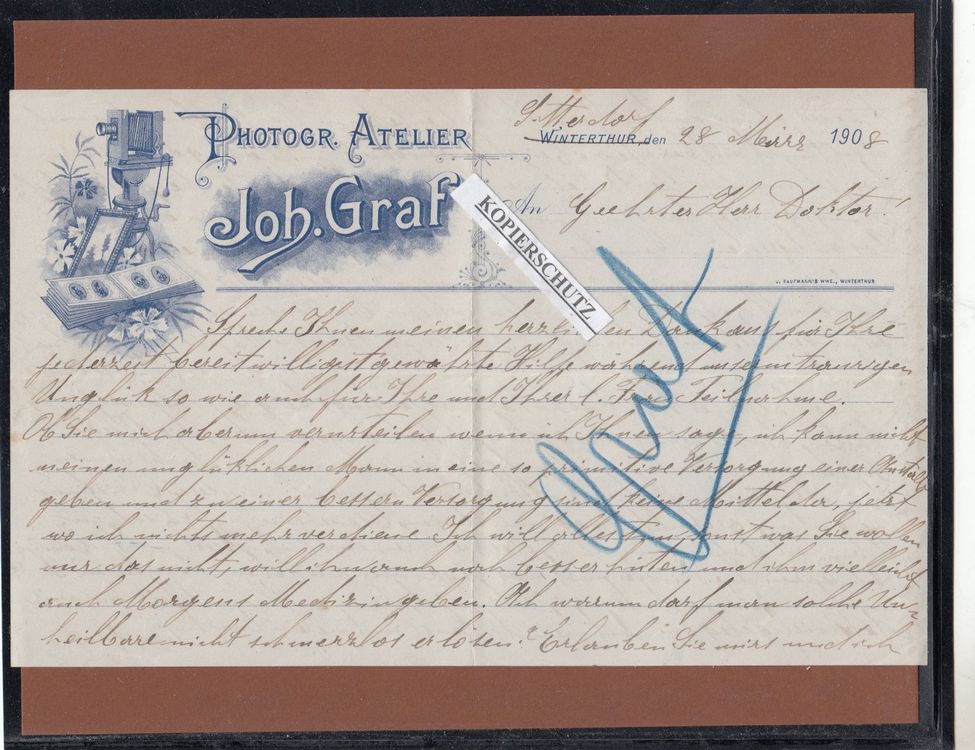 WINTERTHUR 1908. PHOTO ATELIER J. GRAF. LITHO BRIEFKOPF (Gebraucht) in Hergiswil NW für CHF 10 ...