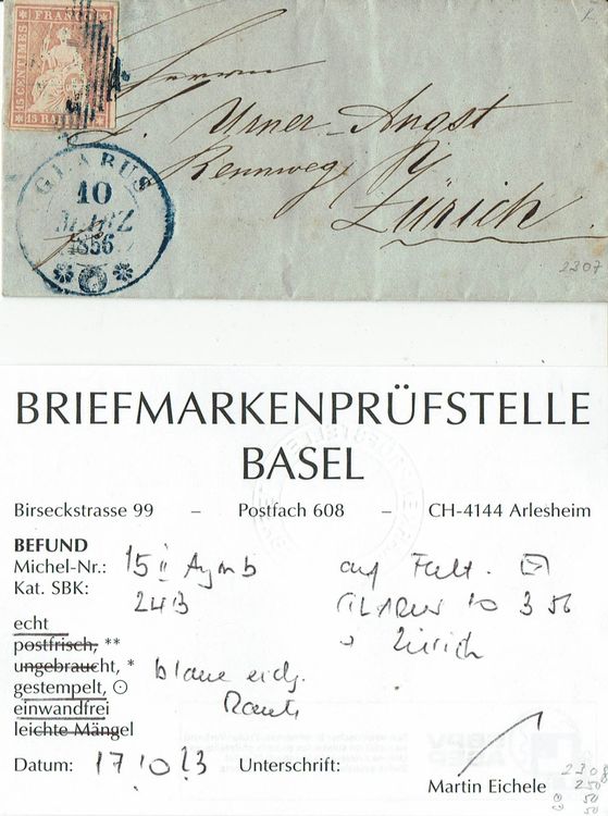 STRUBEL 15RP (24B/B1)>ZUERICH v GLARUS BEFUND (Gebraucht) in Rüschlikon für CHF 70 – mit ...