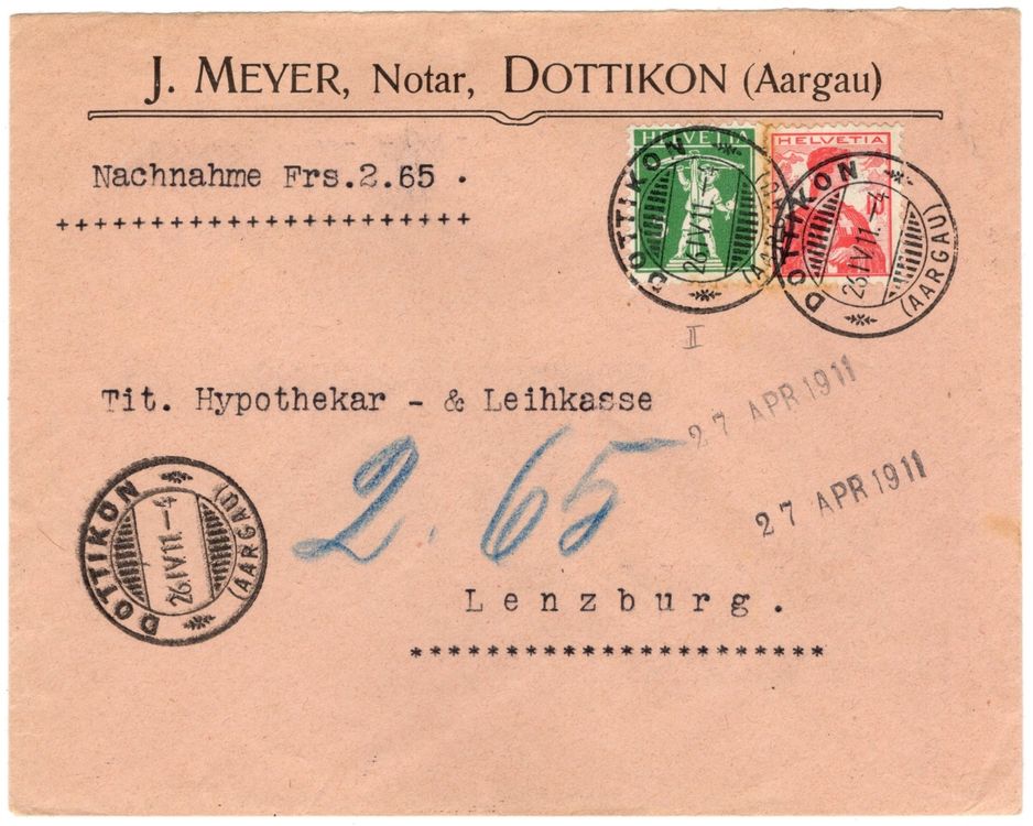 DOTTIKON auf Nachnahme-Beleg mit MiF nach LENZBURG (Gebraucht) in ...