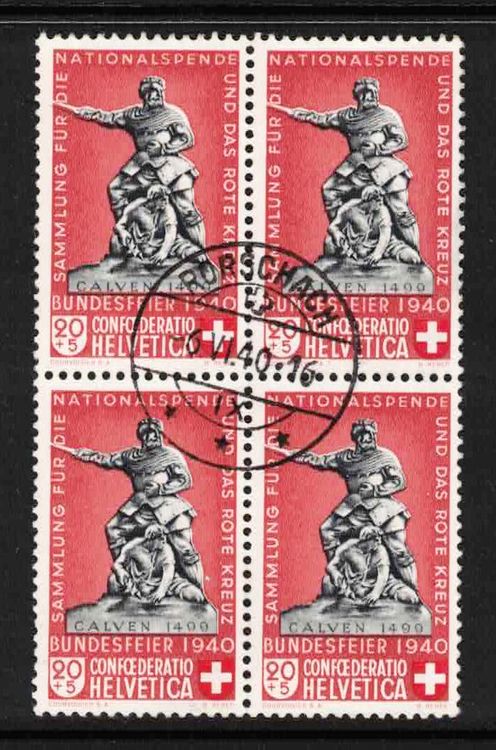 1940 Pro Patria B7 "geänderter Sockel" im Viererblock ʘ (Neu (gemäss Beschreibung)) in Nuglar ...