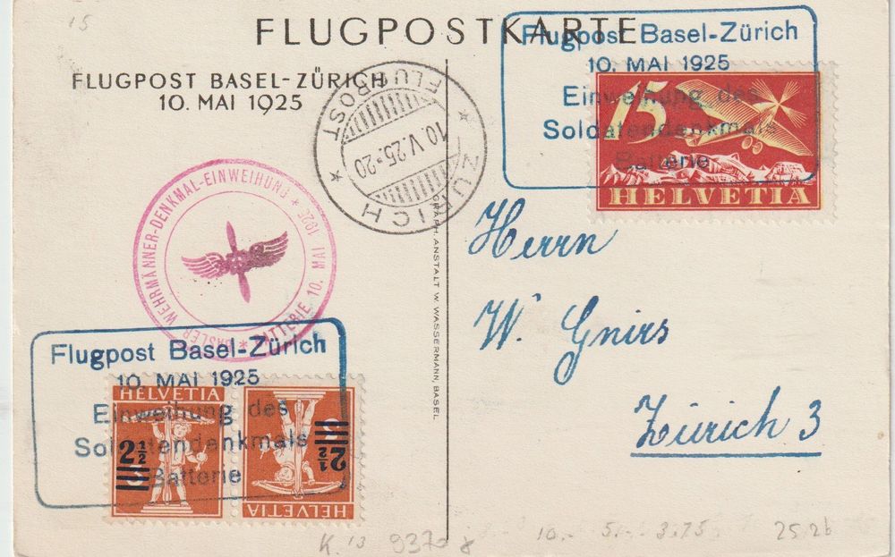 SF 25.2b, FLUG BASEL - ZURICH, SOLDATENDENKMAL, 1925 (Gebraucht) in ...