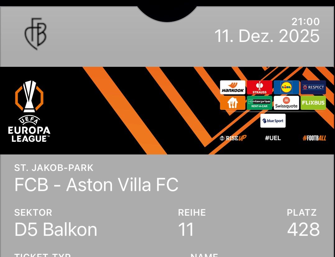 E-Ticket FC Basel vs Aston Villa, D5 Balkon Sitzplatz (Neu (gemäss ...