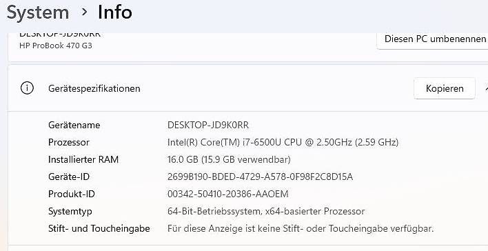 HP Probook, i7-6500, 16 GB, Ram, 256 GB NVMe Windows 11, (Gebraucht) in ...