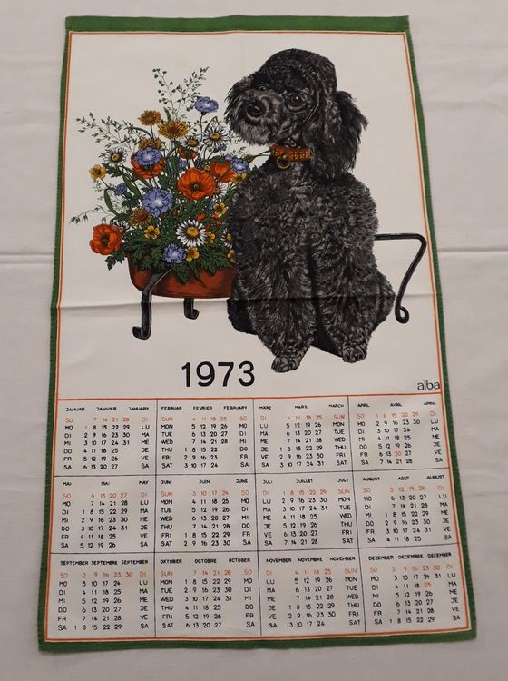 VINTAGE Kalender-Geschirrtuch / Küchentuch ALBA 1973 Pudel (Gebraucht ...