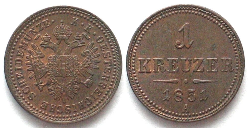 Haus Habsburg 1 Kreuzer 1851 A FRANZ JOSEPH I. Kupfer (Gebraucht) in ...
