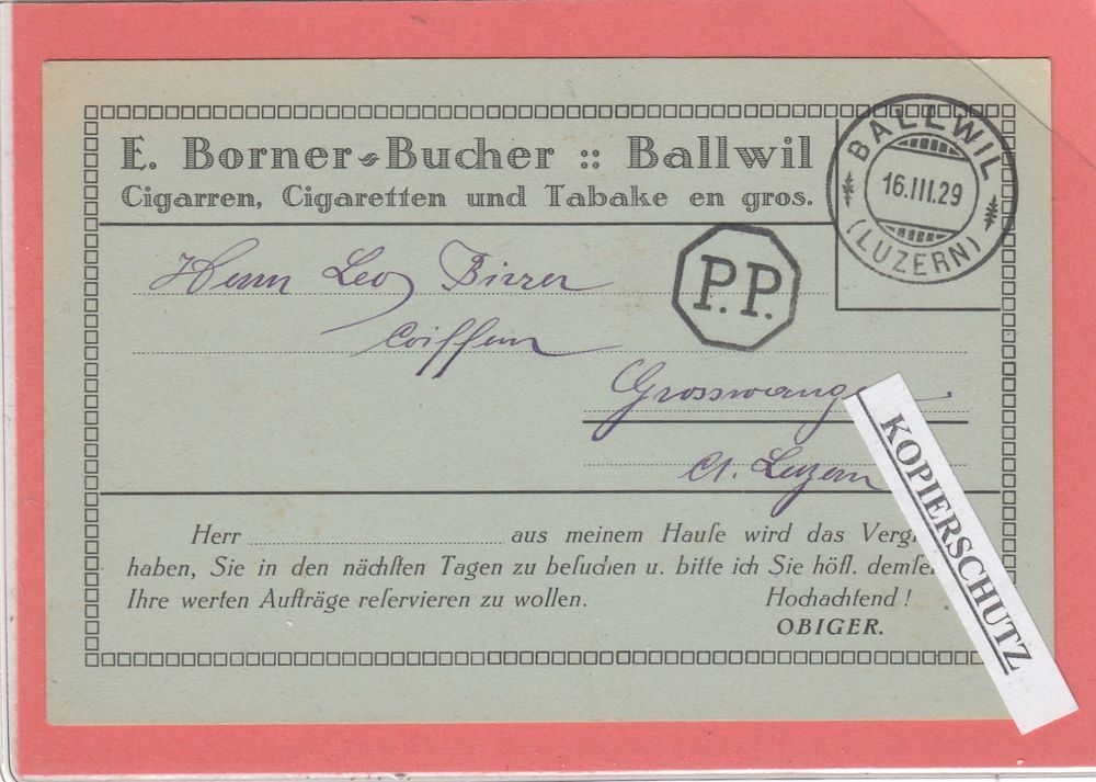 LU BALLWIL 1929, E, BORNER CIGARREN, TABAKE, WERBEKARTE | Kaufen auf ...