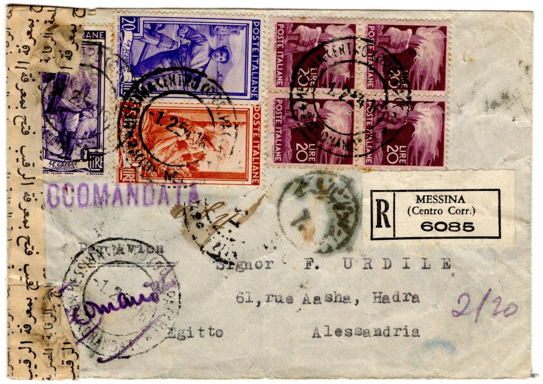 Zensur-Chargé Beleg von MESSINA nach ALEXANDRIEN (ÄGYPTEN) (Gebraucht ...