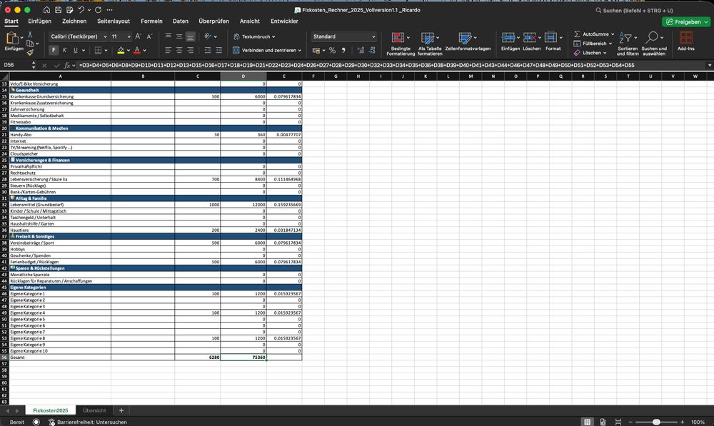 Fixkosten-Rechner 2025 – Professionelle Excel Vorlage (CH) (Gebraucht ...