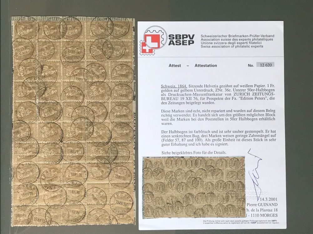Sitzende Helvetia 1 Fr. 1864 (36c), Bogen zu 50, mit Attest (Gebraucht ...