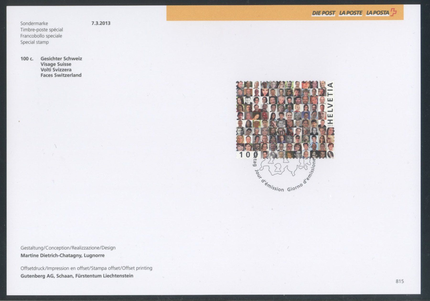 2013, Sammelblatt, Gesichter der Schweiz, Nr. 815 (Gebraucht) in ...