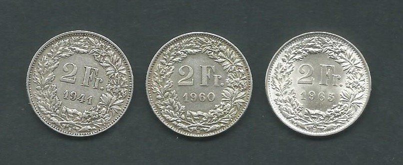 3x 2Fr. Silbermünzen 1941, 1960, 1965 (Gebraucht) in Mönchaltorf für CHF 20 – mit Lieferung auf ...