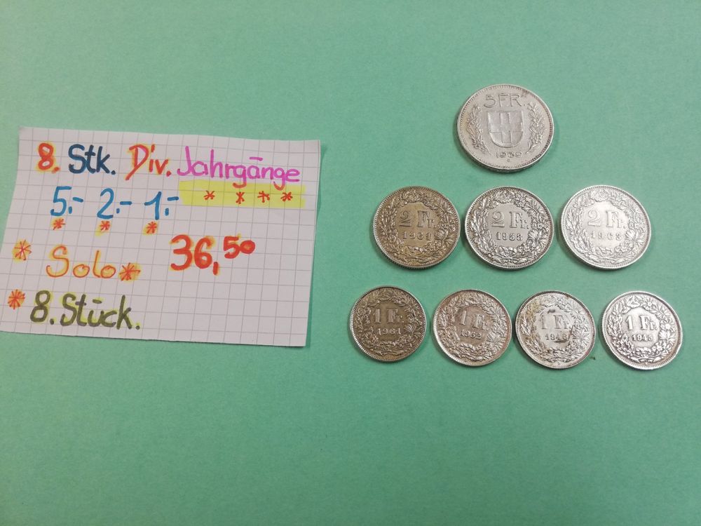 Schweizer Silbermünzen 8 Stk. div. Jahrgänge 5Fr./2Fr./1Fr. (Gebraucht) in Engi für CHF 34.5 ...