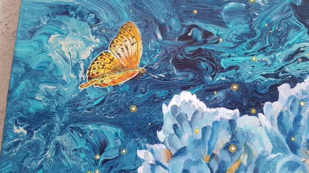 Pfingstrosen Schmetterling acrylic pouring Kunstwerk Gemälde (Neu und originalverpackt) in ...