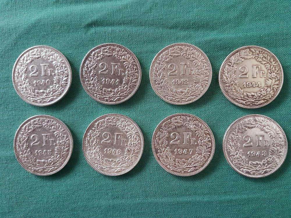 8 x 2 Fr Silbermünzen 40er J. 1940-1948 kompl. Serie ab 1.00 | Kaufen auf Ricardo