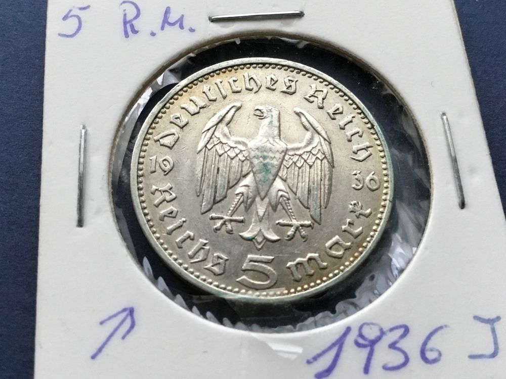 5 REICHMARK 1936J Silbermünze 13,890 Gramm 900er Silber (Gebraucht) in St. Margrethen SG für CHF ...