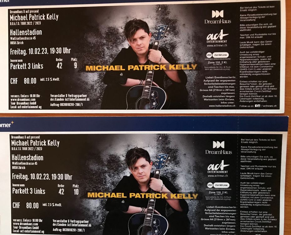 Michael Patrick Kelly 2 Tickets B.O.A.T.S. Tour 2022/2023 | Kaufen auf Ricardo