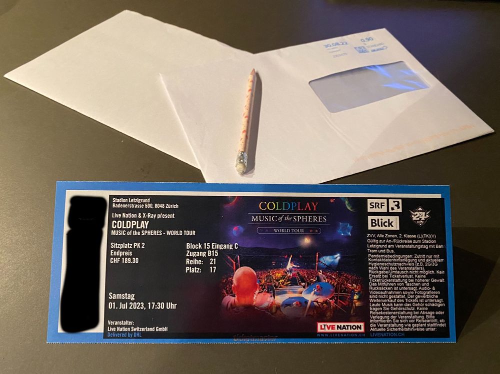 🌈 Coldplay Zürich 1. Juli 2023 - 1 Sitzplatz 💥 (Neuf avec emballage d ...