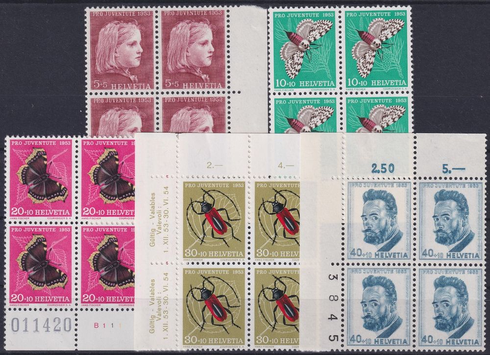 1953, Pro Juventute J148-J152 Viererblöcke ** SBK: 60.-+ | Kaufen auf Ricardo