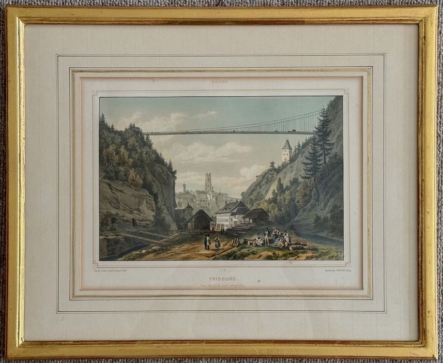 Original-Lithographie «FRIBOURG Vue du petit Pont suspendu» (Gebraucht) in Zollbrück für CHF 30 ...