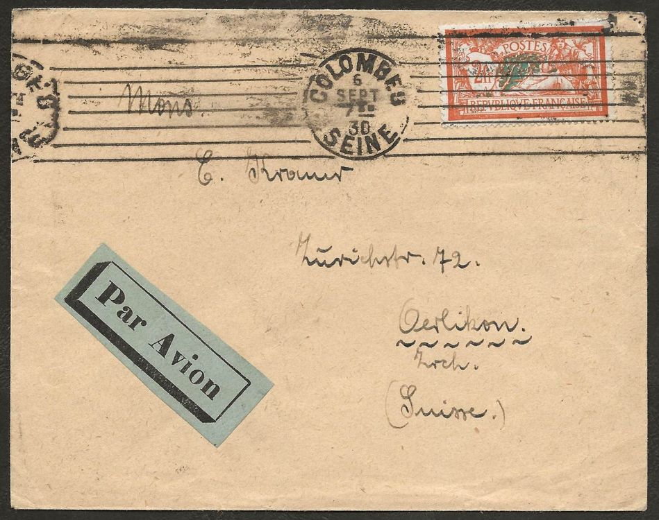 Flugpost Frankreich Paris Schweiz Örlikon1930 Luftpost (Gebraucht) in Au ZH für CHF 3 – mit ...