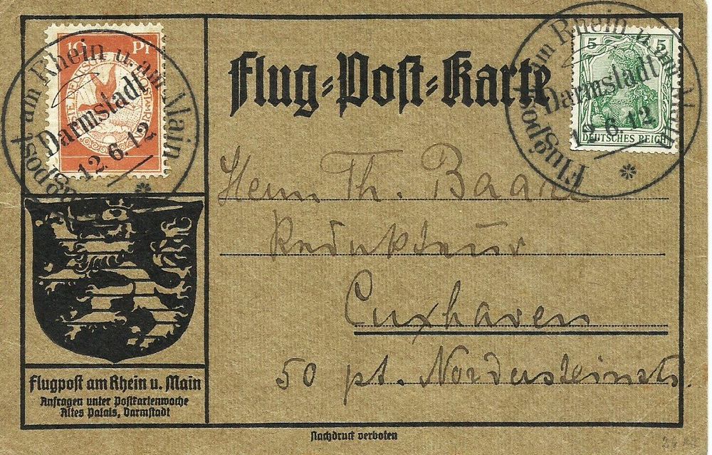 DR FLUGPOST KARTE RHEIN MAIN MARKE TAUBE m. BRIEF 1912 (Gebraucht) in ...