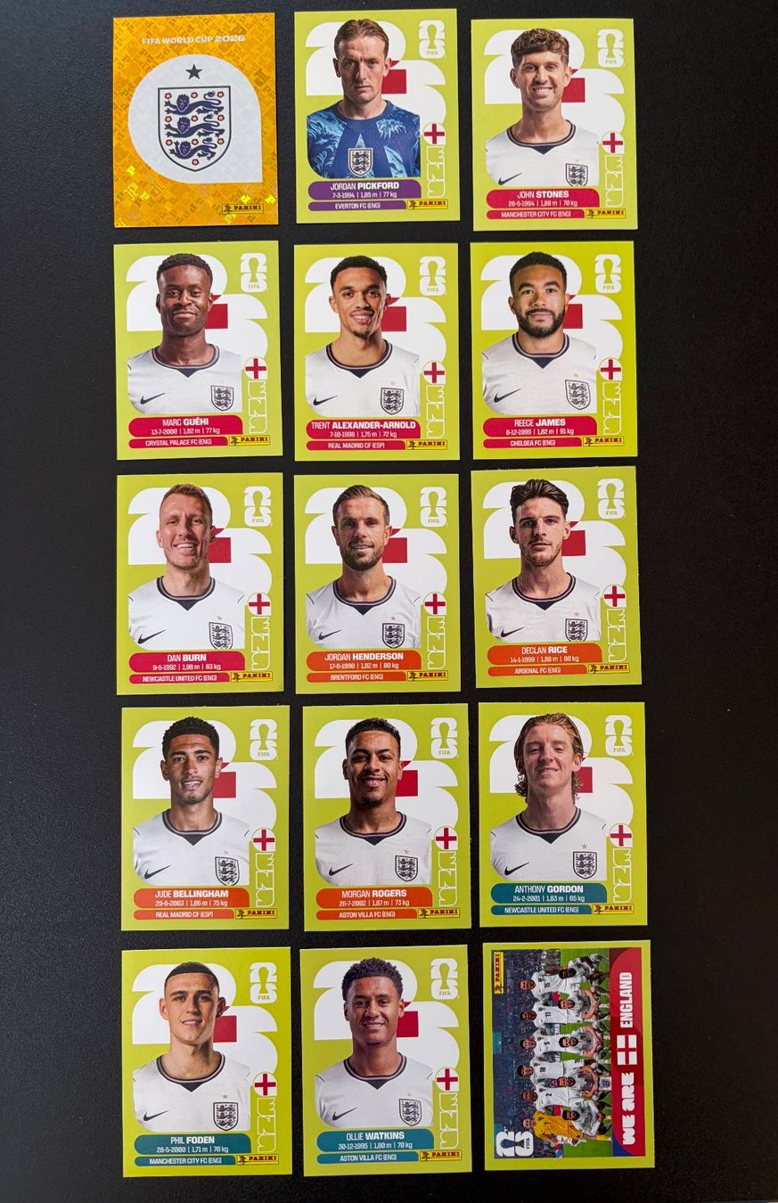 Panini WM 2026: England 15 Sticker inkl Wappen, Rice, Bellin (Neu und ...