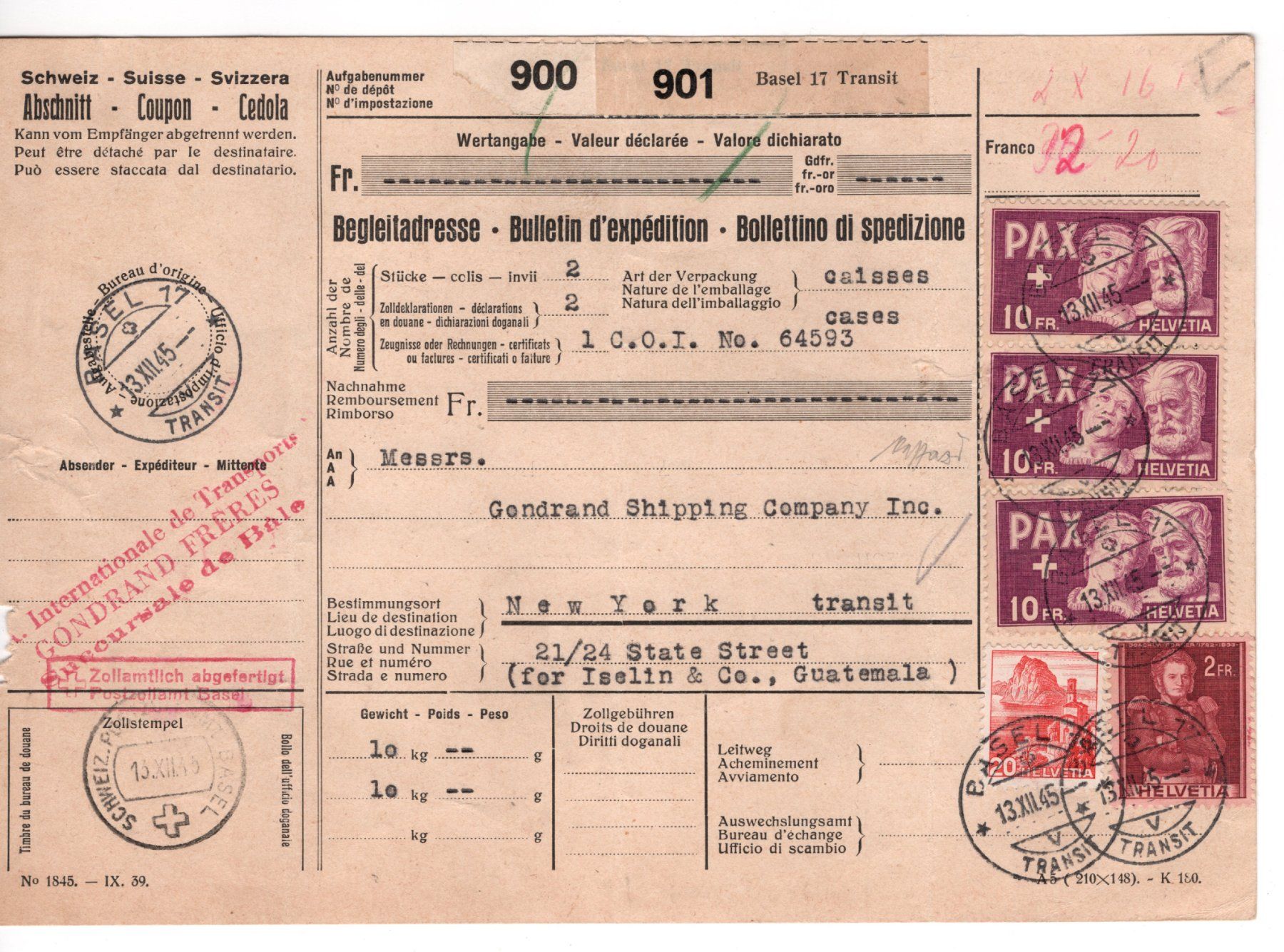 Top PAX ÜBERSEEFRANKTUR nach NEW YORK; RAR! ; Kat: 1500CHF++ (Gebraucht ...