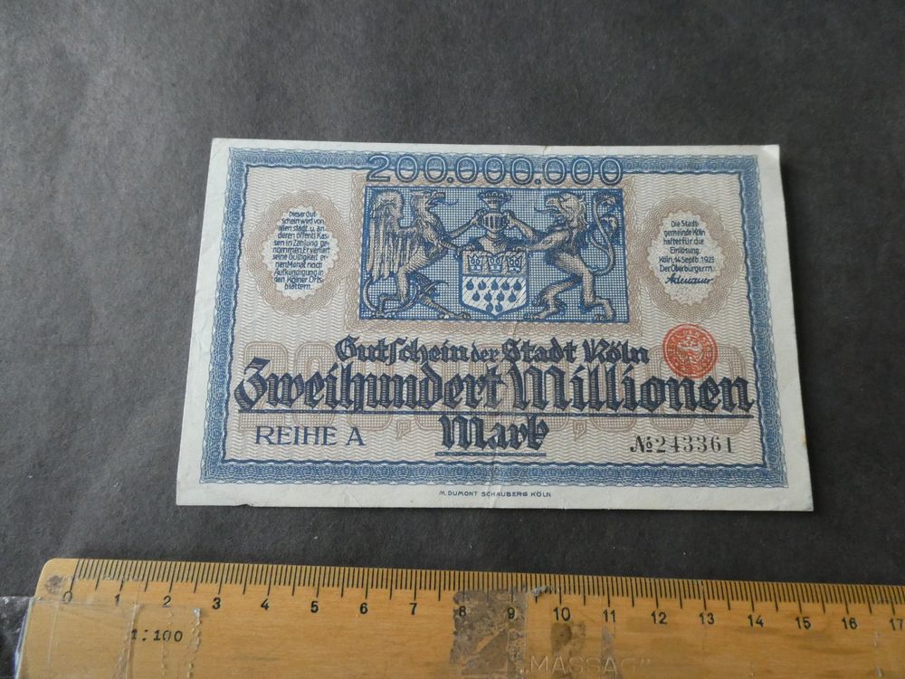 Dt. Reich 1923, Köln - 200 Millionen Mark - Sign. Adenauer (Gebraucht ...