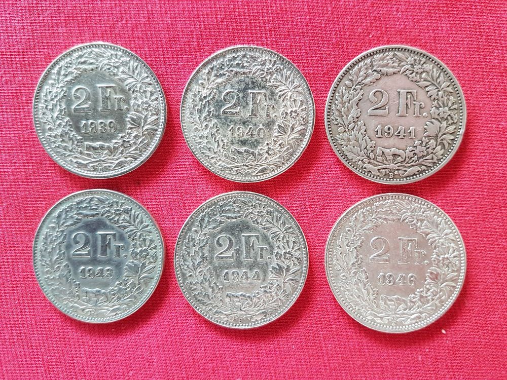 6 x 2 Fr Silbermünzen 1939-1940-1941-1943-1944-1946 ab 1 Fr | Kaufen auf Ricardo