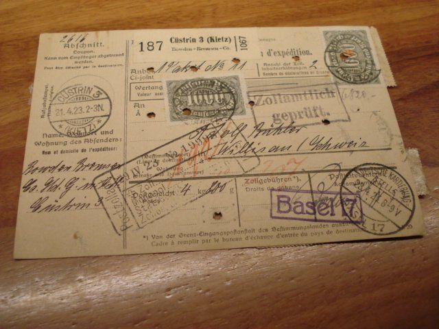 Paketbegleitkarte, 1923, Cüstrin - Willisau, Inflation | Kaufen auf Ricardo