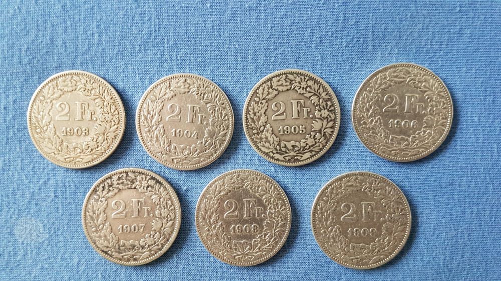 7 x 2 Fr Silbermünzen 1903 bis 1909 komplett ab nur 1 Fr !! (Gebraucht) in Camignolo für CHF 38 ...