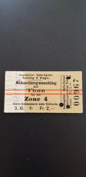 Schnellzugzuschlag Thun Zone 4 1939 (Gebraucht) in Birrwil für CHF 19 – mit Lieferung auf ...
