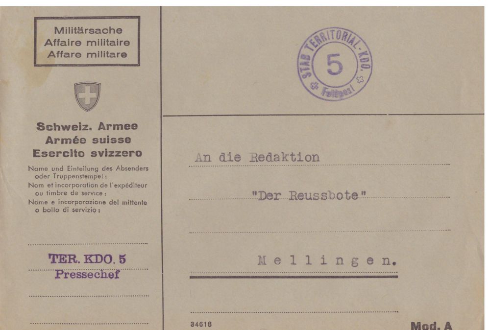 MILITÄRSACHE FELDPOSTBELEG STAB TERRITORIAL KDO.5 PRESSECHEF | Kaufen auf Ricardo