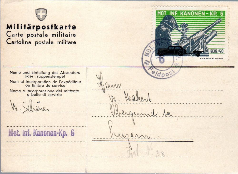 MILITÄRPOSTKARTE MOT. INF. KANONEN-KP.6 SAUBER GESTEMPELT (Gebraucht ...