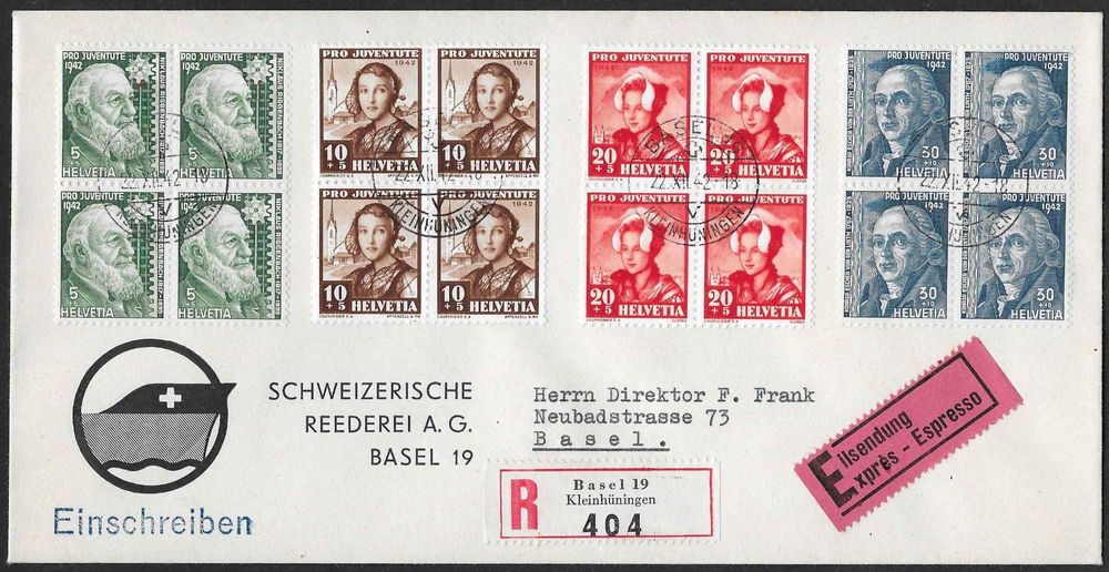 1942: Proju-Brief mit Viererblock serie Nr.J101-104 Basel (Gebraucht) in Walperswil für CHF 26 ...