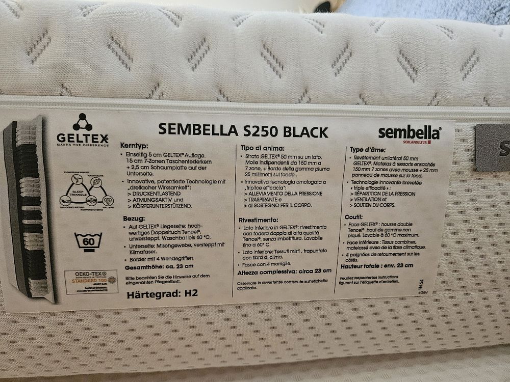 Matratze Sembella S250 Black Härtegrad H2 (90x200 cm) (Gebraucht) in Grindel für CHF 200 – nur ...