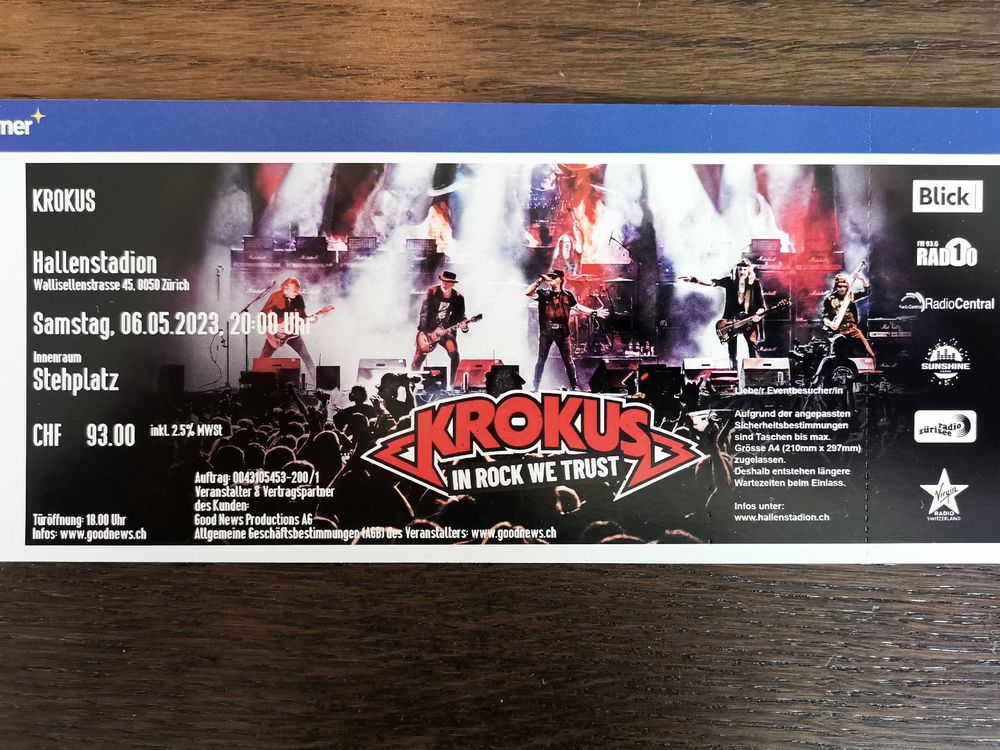 1 Ticket KROKUS 06.05.2023 um 19.10 h Hallenstadion Zürich (Neu (gemäss ...