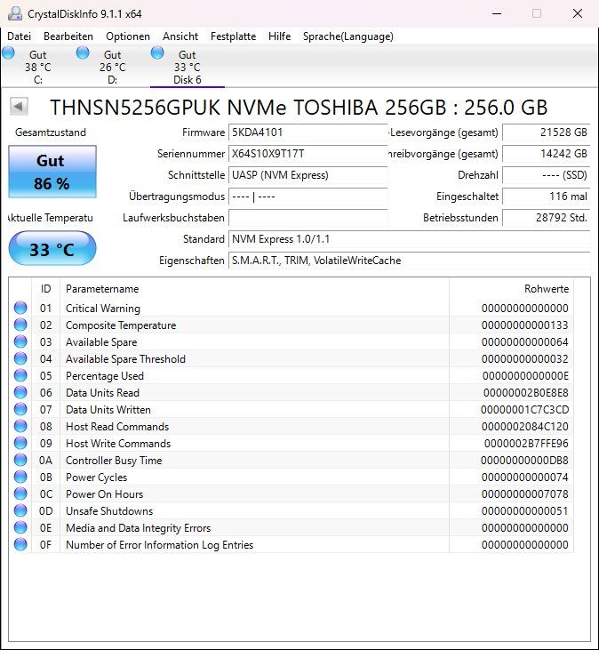 TOSHIBA NVME SSD 256GB (Gebraucht) in Künten für CHF 11.9 – mit ...