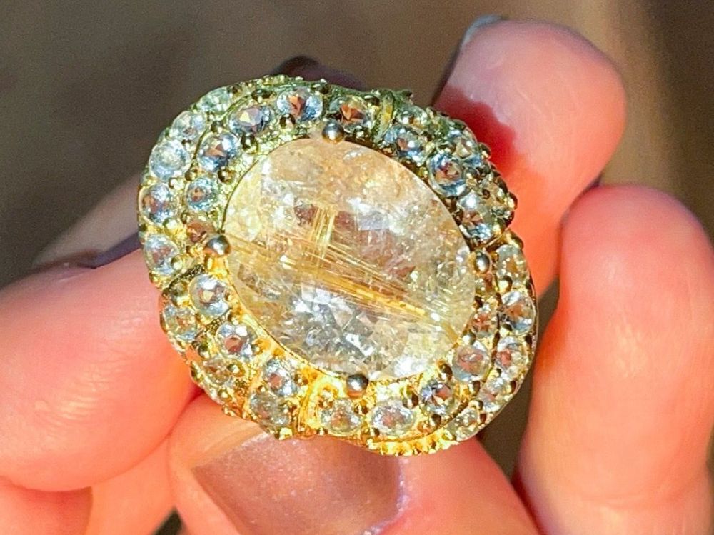Gold Rutile Quartz & Blue Topaz SS925 14k Gold Vermeil Ring (Neu ...
