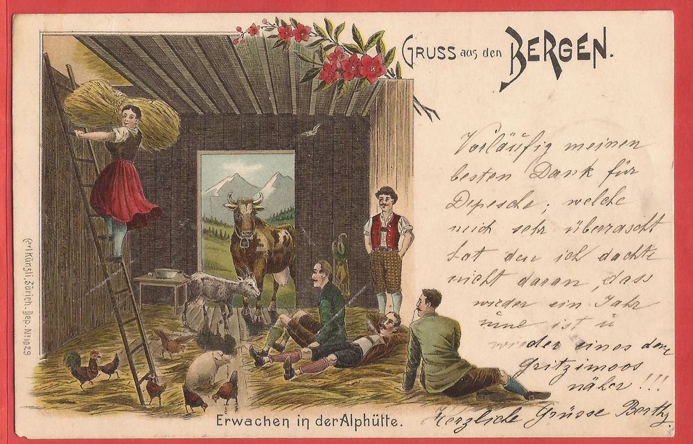 Gruss aus den Bergen - Erwachen in Alphütte - Litho 1898 (Gebraucht) in Fislisbach für CHF 5 ...