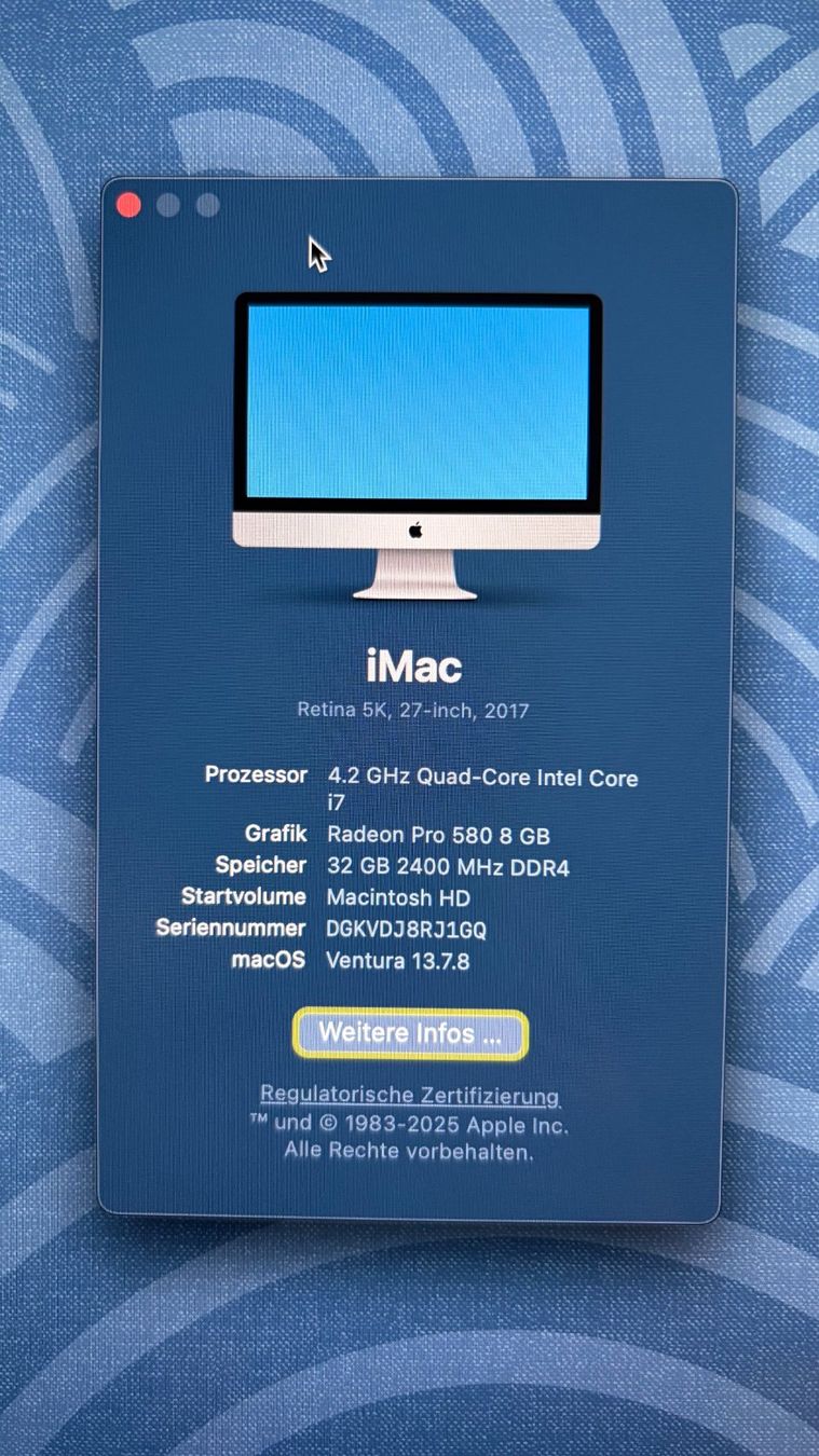 iMac 27', 2017, Retina 5K, 32 GB, 4.2 GHz i7, Radeon Pro 580 (Gebraucht ...